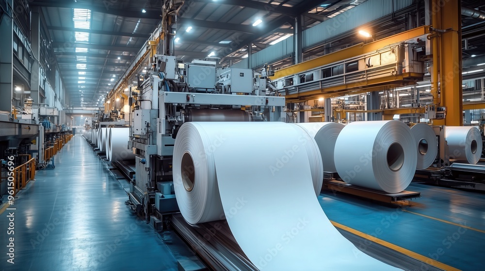 Large paper rolls in modern production facility. Multiple large paper ...