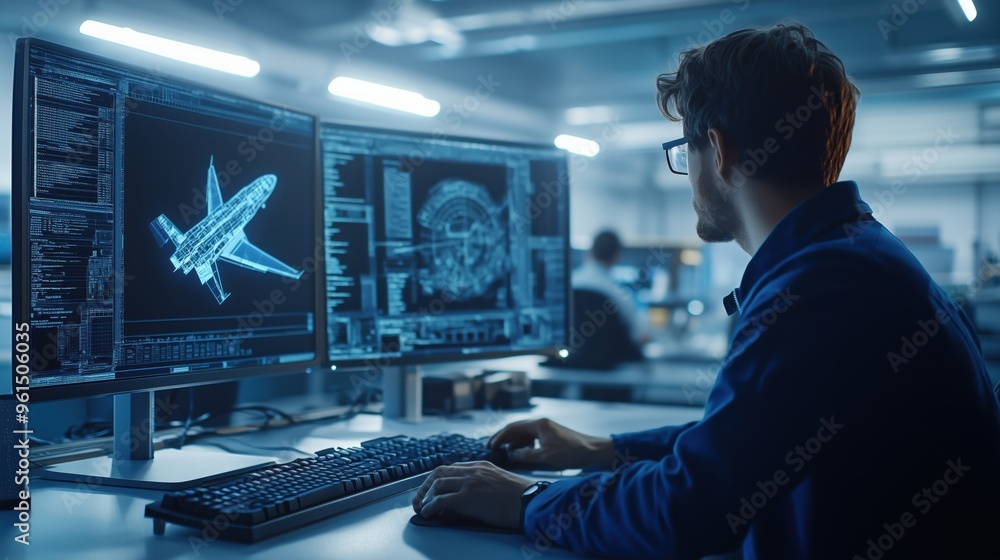 Engineer designing aircraft on dual monitors. Focused engineer working on computer-aided design ...