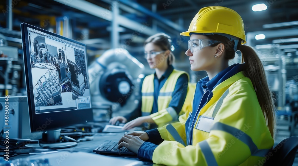 Female engineers working with CAD software. Two female engineers ...