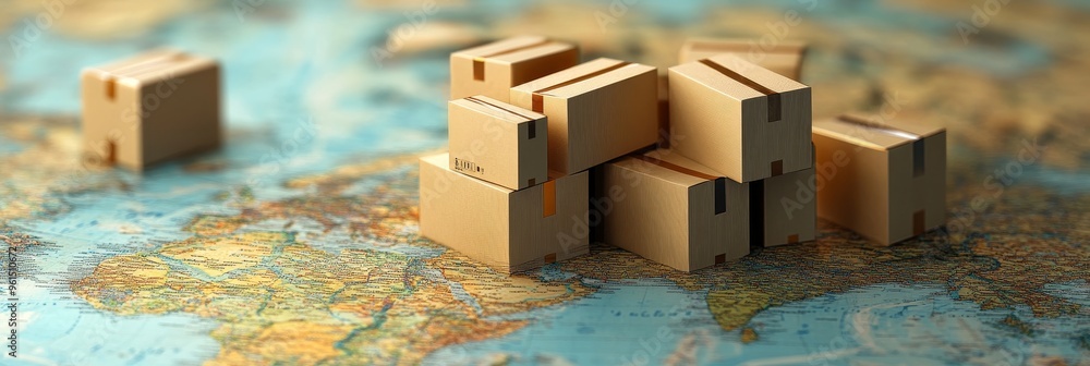 Cardboard boxes are stacked on top of a world map, symbolizing global ...