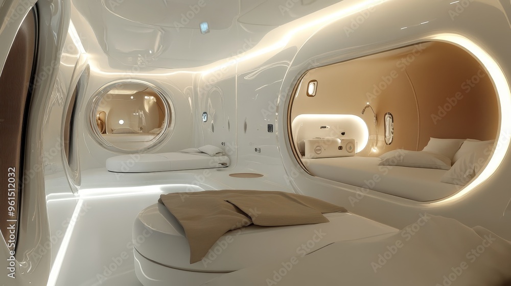 Futuristic spaceship hotel interior with capsule beds. This image ...
