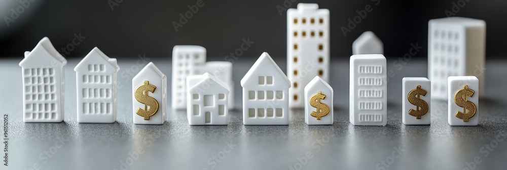Miniature white buildings with golden dollar signs represent the ...