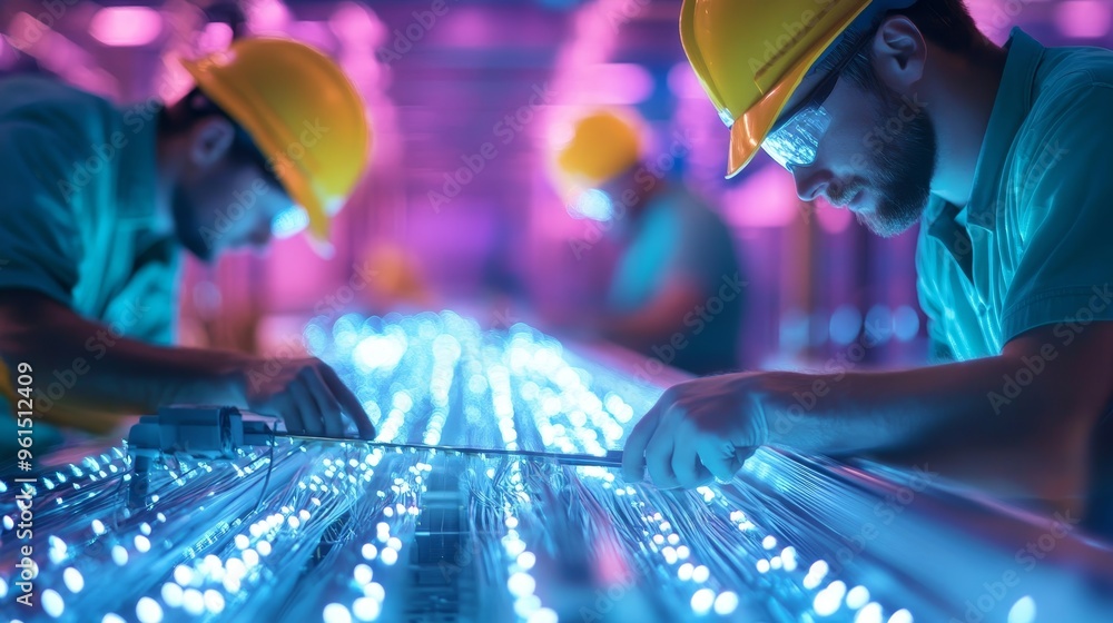 Telecommunication engineers work in a brightly lit data center ...
