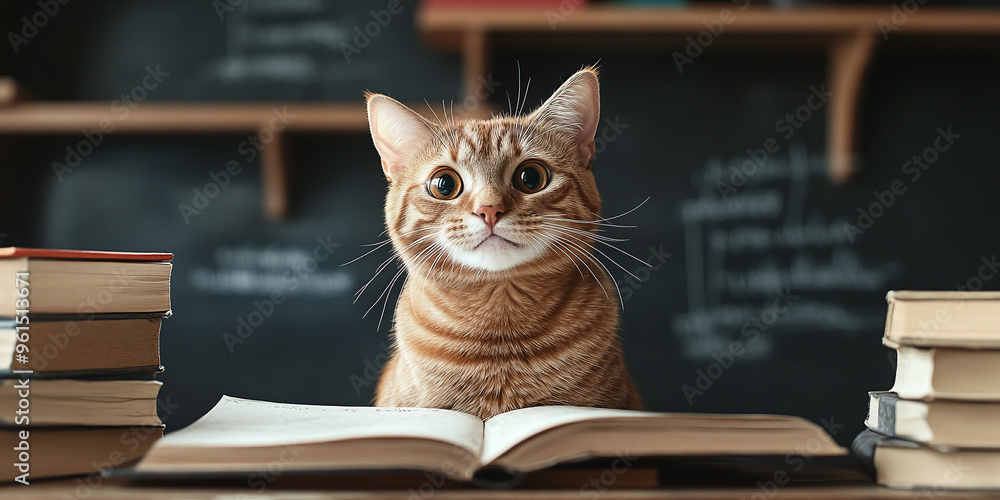 Curious and puzzled cat has many questions, confused cat student ...