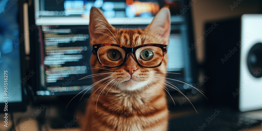 Funny cat wearing glasses coding at computer Stock Illustration | Adobe ...