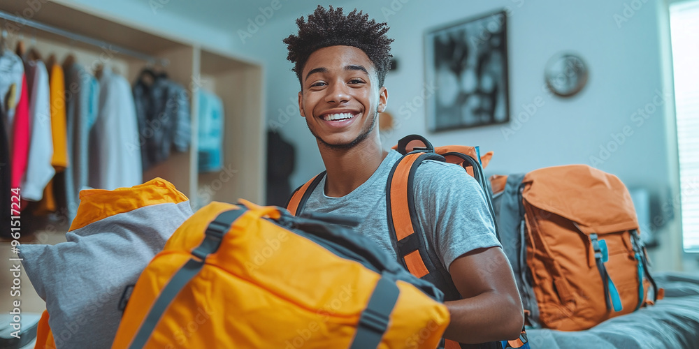 Excited high school graduate packing for college with university gear ...