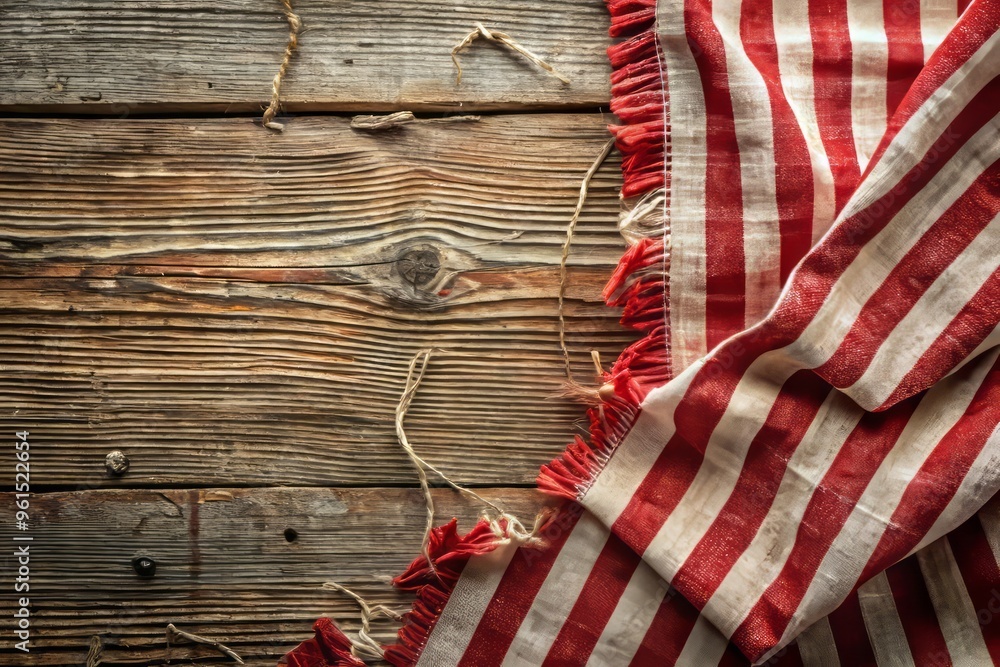 Tattered red and white striped fabric pinned to a worn wooden ...