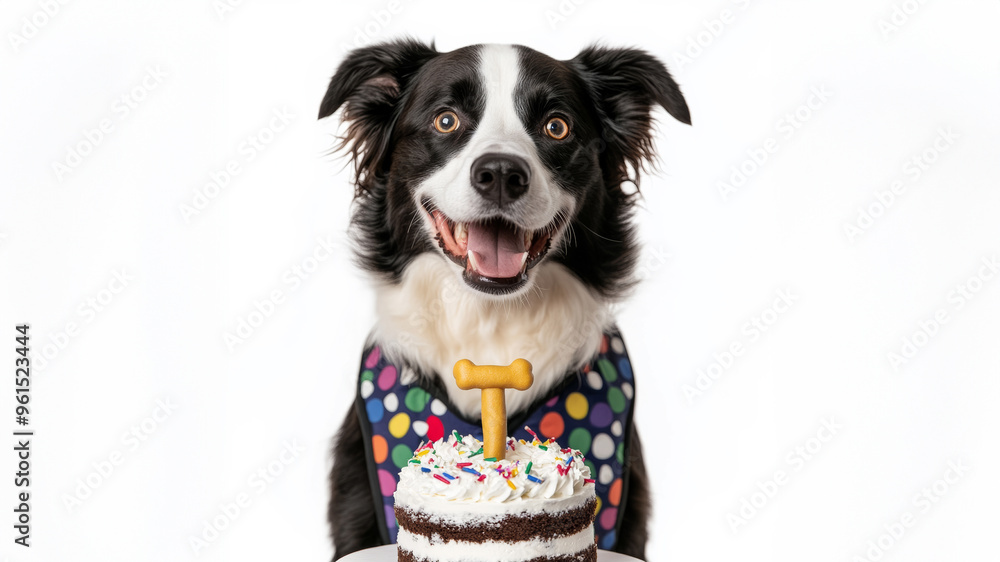 Border collie in a party vest with a cake topped with a dog bone ...