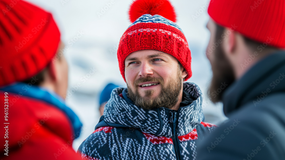 Brightly dressed tourists gathered around a local Arctic guide learning ...