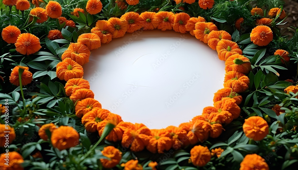 Vibrant marigold flower garland with lush leaves on white backdrop ...