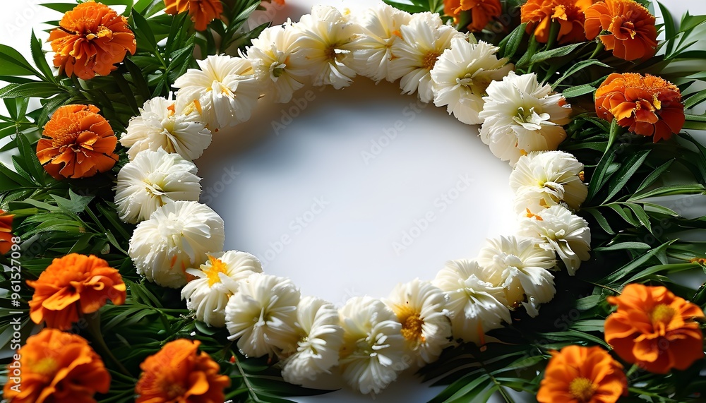 Vibrant marigold flower garland with lush leaves on white backdrop ...