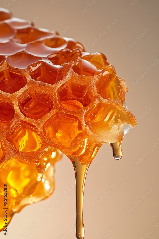 In a detailed macro shot, a honeycomb-shaped glass object drips with ...