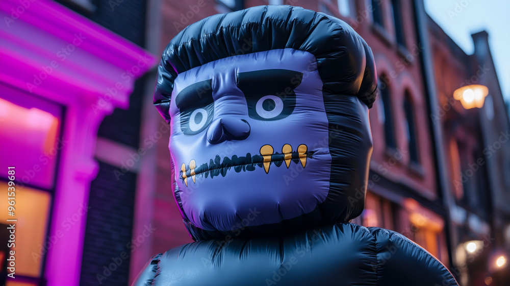 Inflatable Frankenstein monster with bolts on his neck towering over a ...