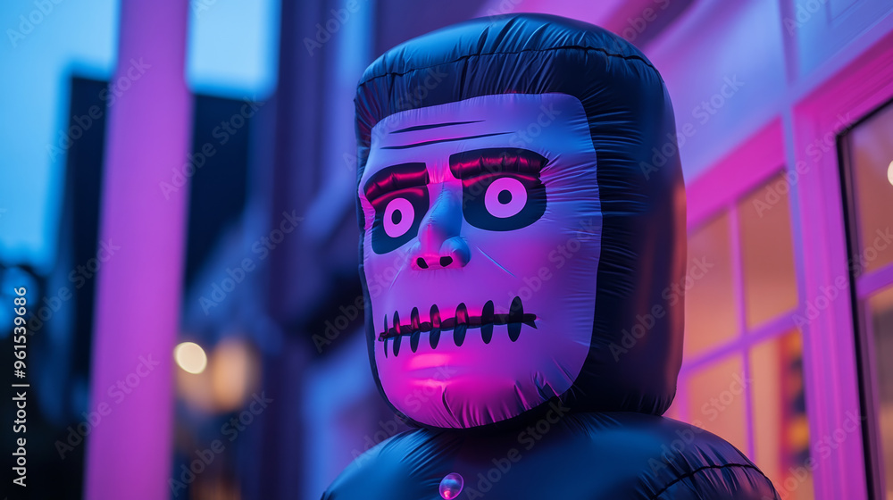 Inflatable Frankenstein monster with bolts on his neck towering over a ...
