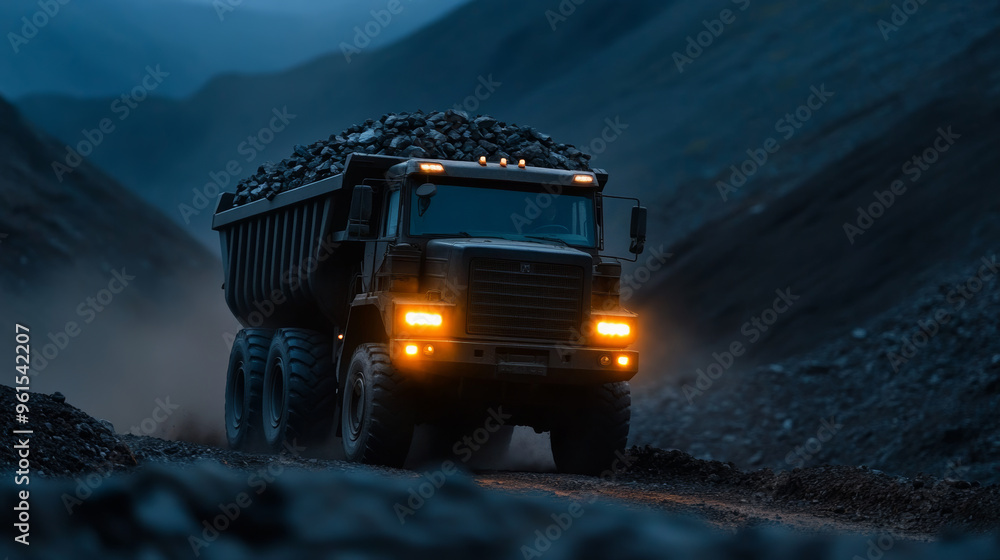 Massive mining truck loaded with rocks driving in an open-pit mine with ...
