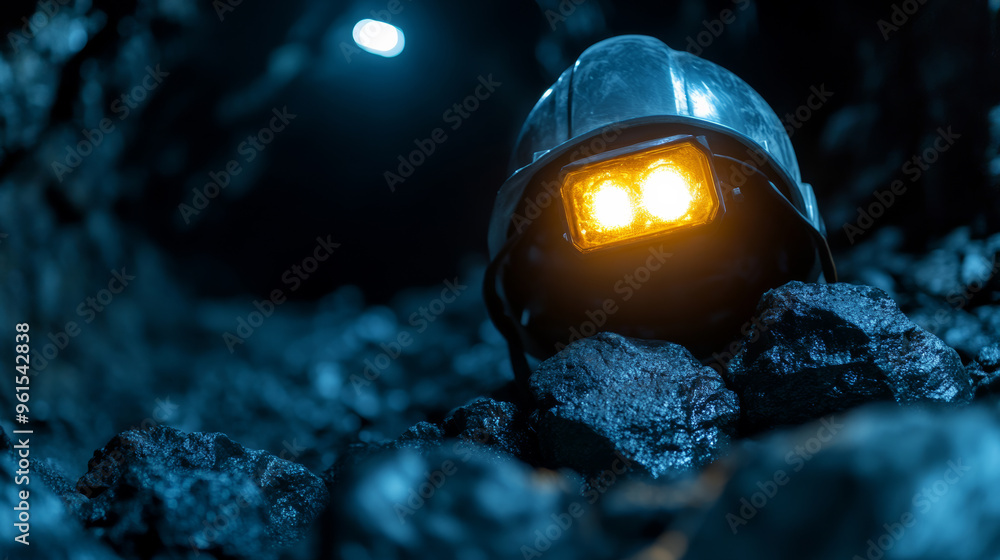 Miner’s helmet with a headlamp resting on jagged rocks in a dark tunnel ...