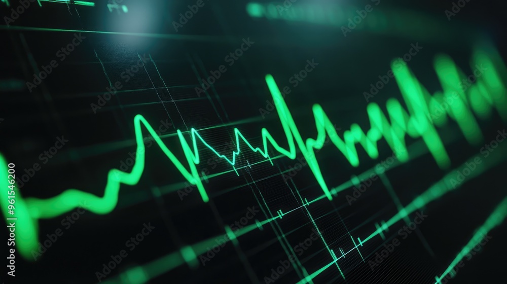 Close-up of a heart rate monitor displaying sharp green ECG waves on a ...