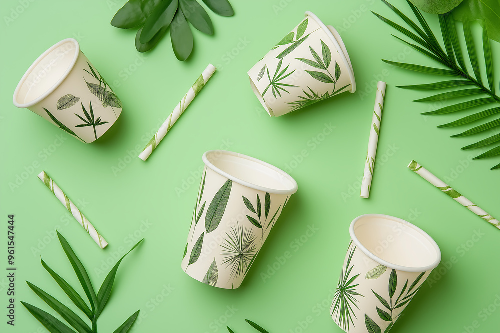 Eco-friendly paper cups and straws with leaf design on green background ...