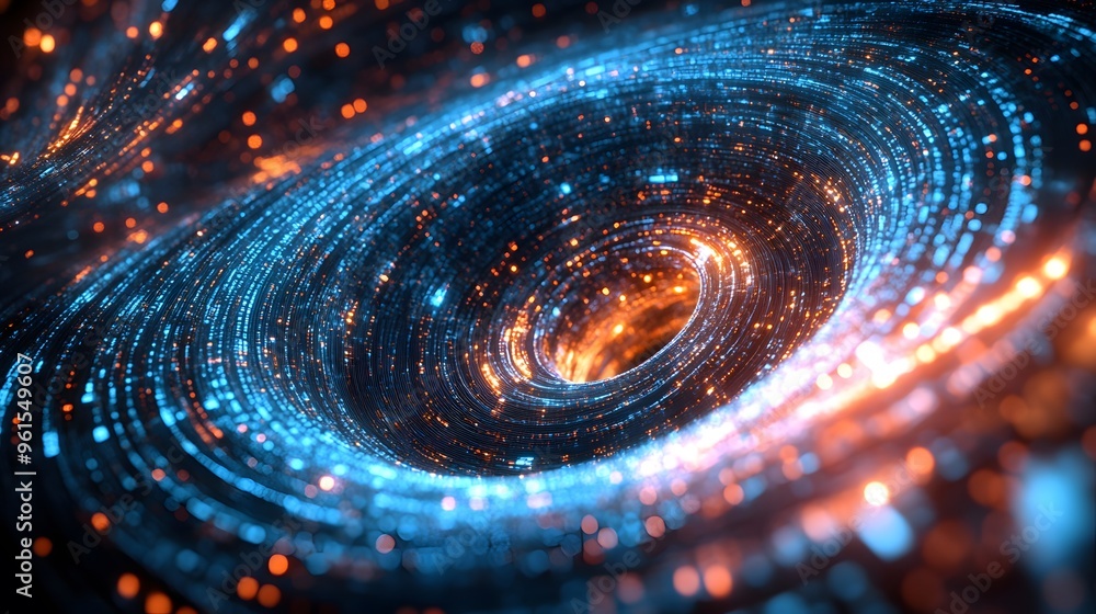 3D search engine logo at the center of a data vortex, information retrieval epicenter, central ...