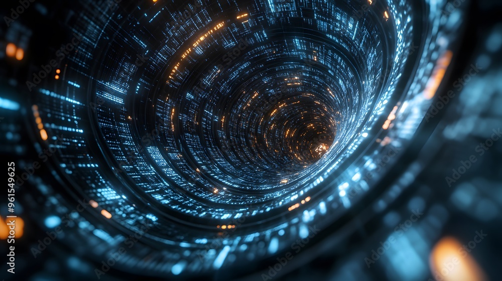 3D search engine logo at the center of a data vortex, information ...