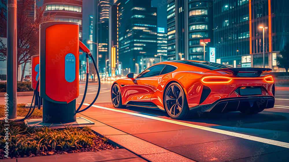 Futuristic electric hypercar, supercar charges at a station. Sportscar ...