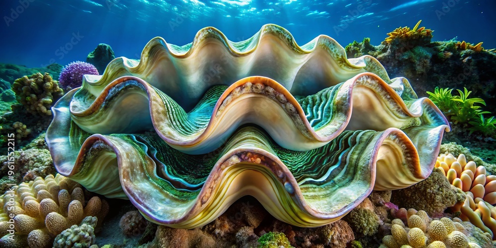 "Giant clam shell opens to reveal a shimmering interior, scalloped ...