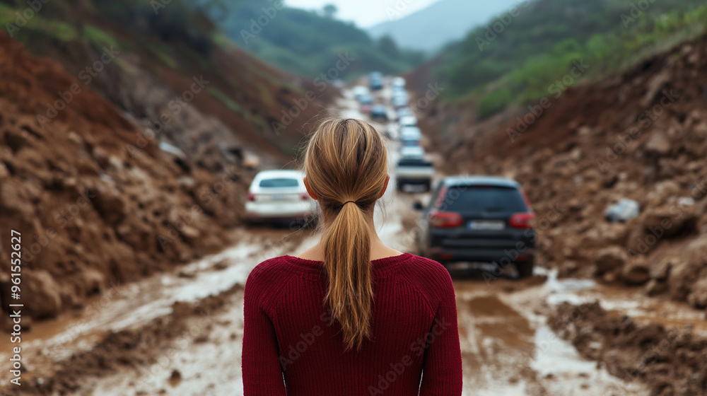 Woman staring at a traffic jam caused by a landslide with boulders and ...