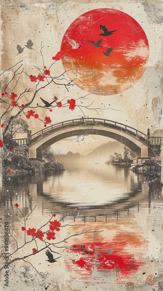 Red Moon, Cherry Blossoms, and Bridge in a Vintage Landscape. Stock ...