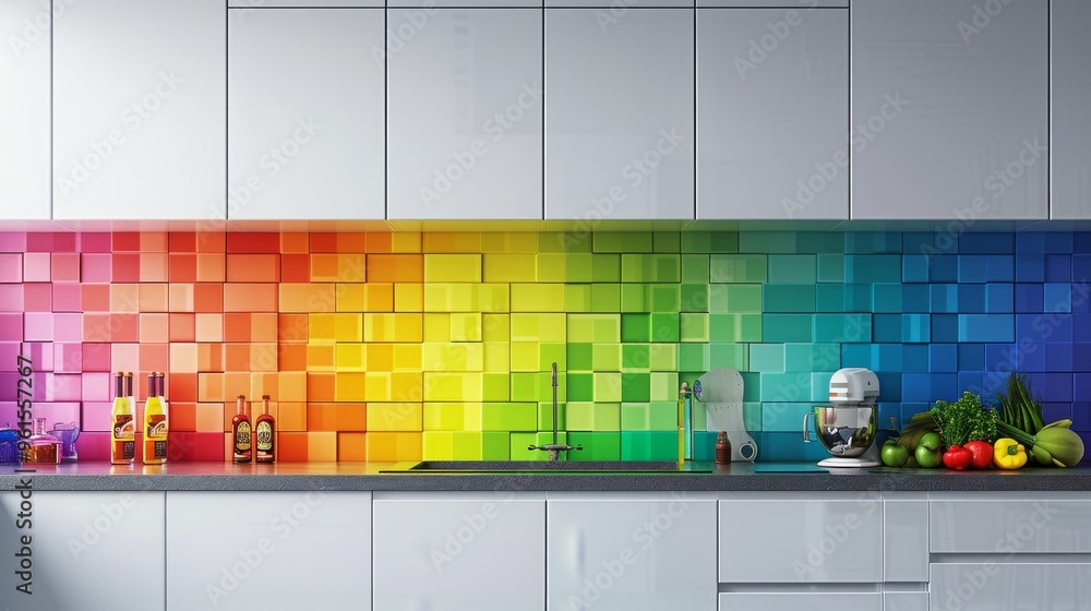 Contemporary kitchen featuring a unique and colorful 3D mosaic ...