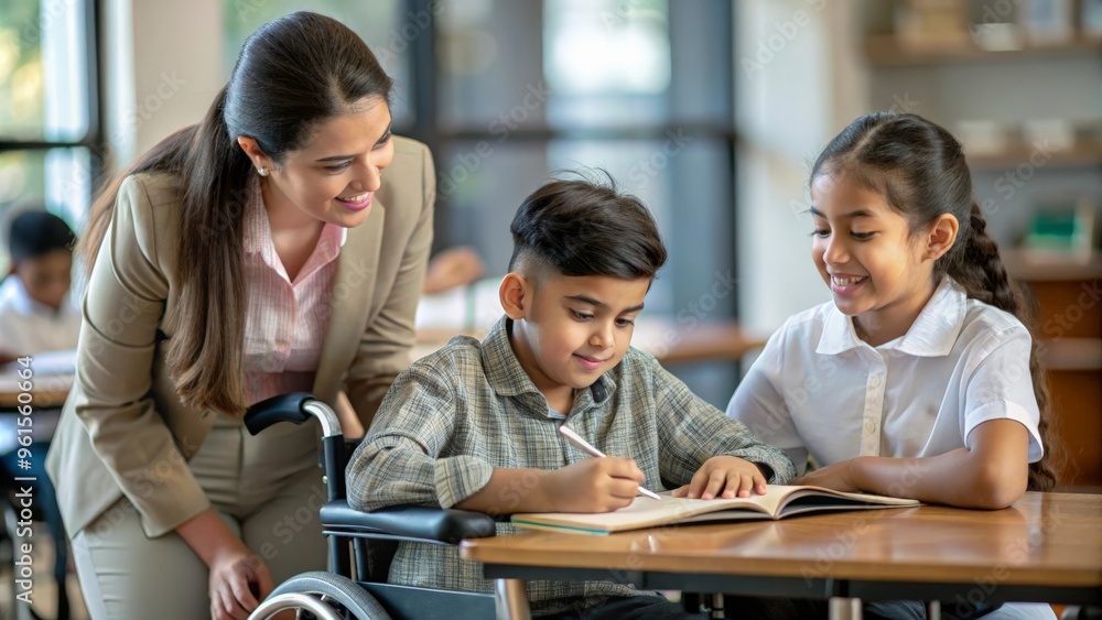 An Indian teacher working in an inclusive classroom setting, teaching ...