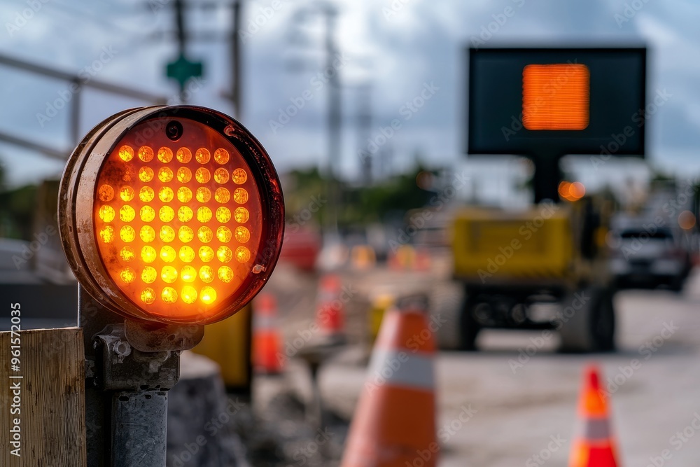 Detour traffic signs, orange lighted arrows, and barrels located on ...