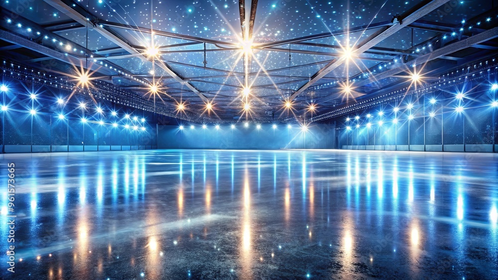 Shiny ice rink with sparkling reflections and dramatic lighting ...