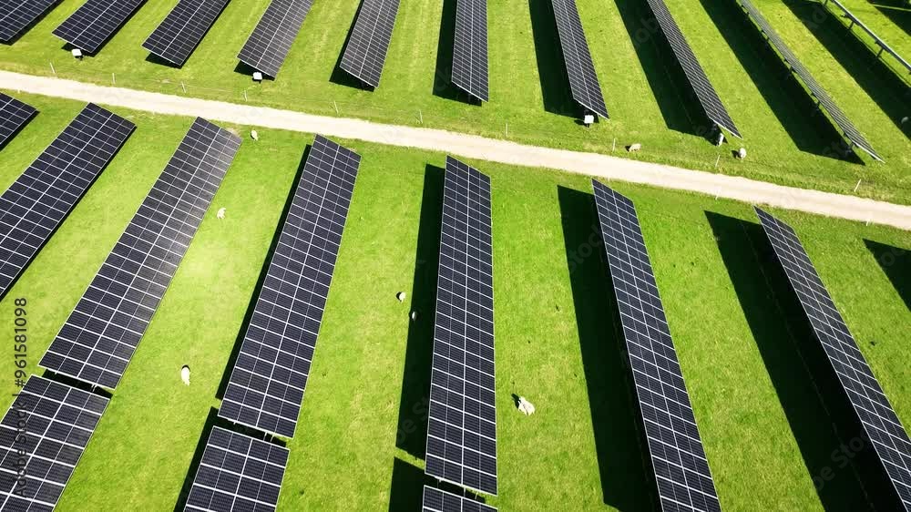 Ground-mounted solar park with solar trackers and grazing sheep with a ...