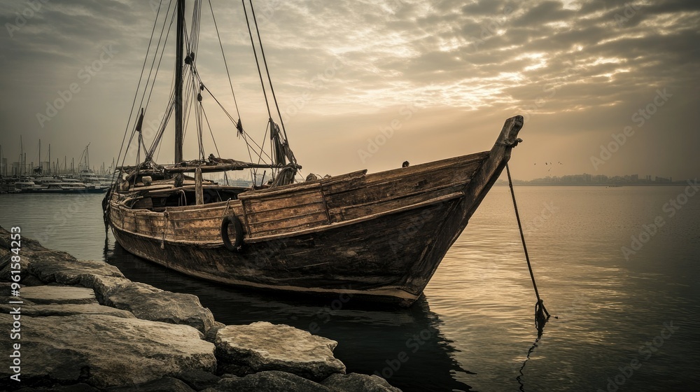 An old dhow boat docked at a harbor, a symbol of the maritime history ...