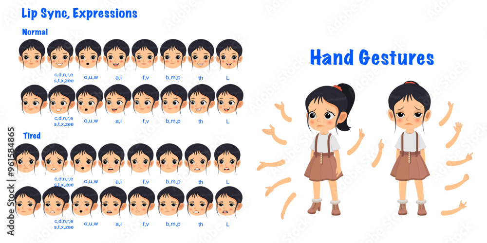 A cute little tired girl cartoon character in school dress creation set ...