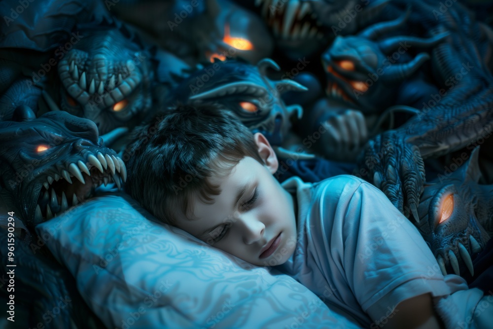Child's nightmare captured monsters and eerie dream elements. Dark haunting scene sleeping child ...