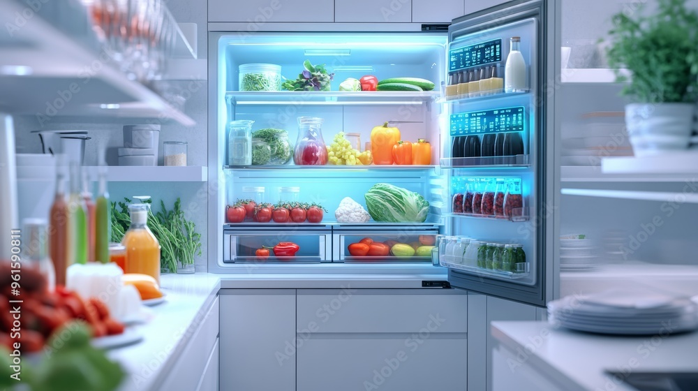a modern smart refrigerator with digital screens on the door showing ...