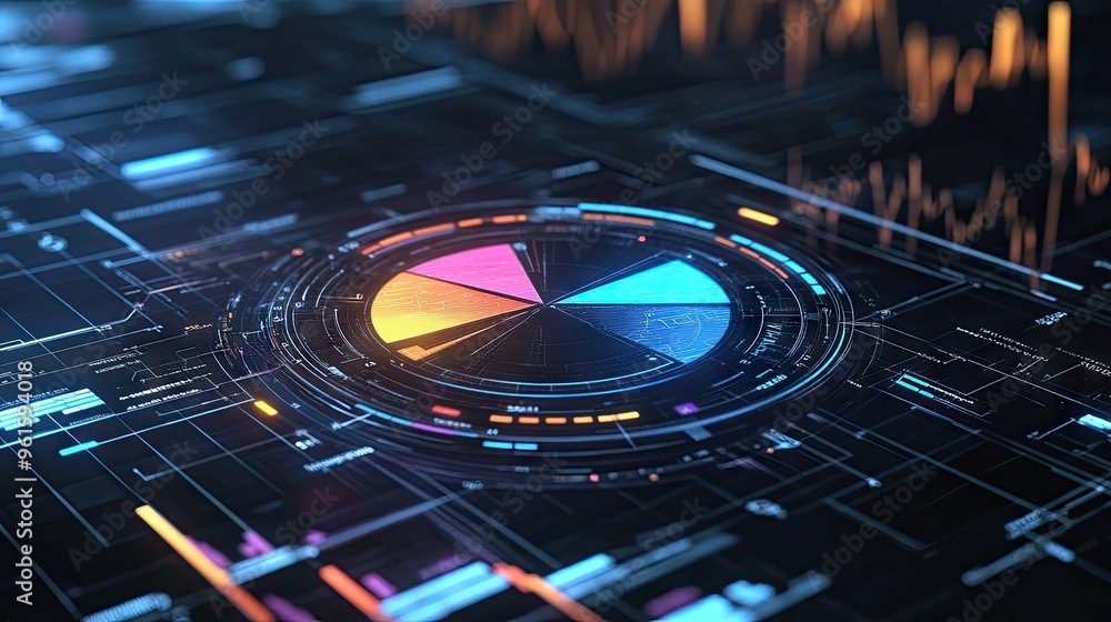 Interactive 3D pie chart with floating labels and percentages, digital ...