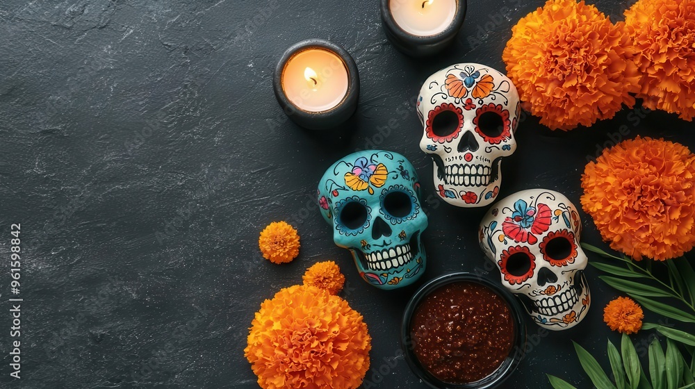 Colorful sugar skulls, pan de muerto, and mole laid out on a ...