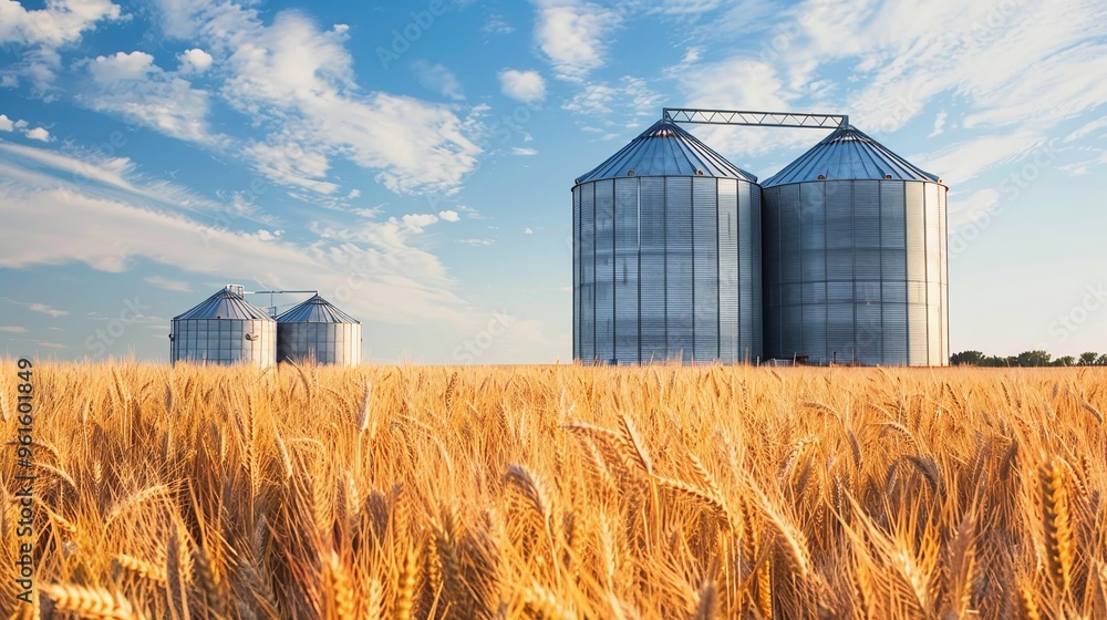 wheat storage silos in agricultural field, grain production facility on ...