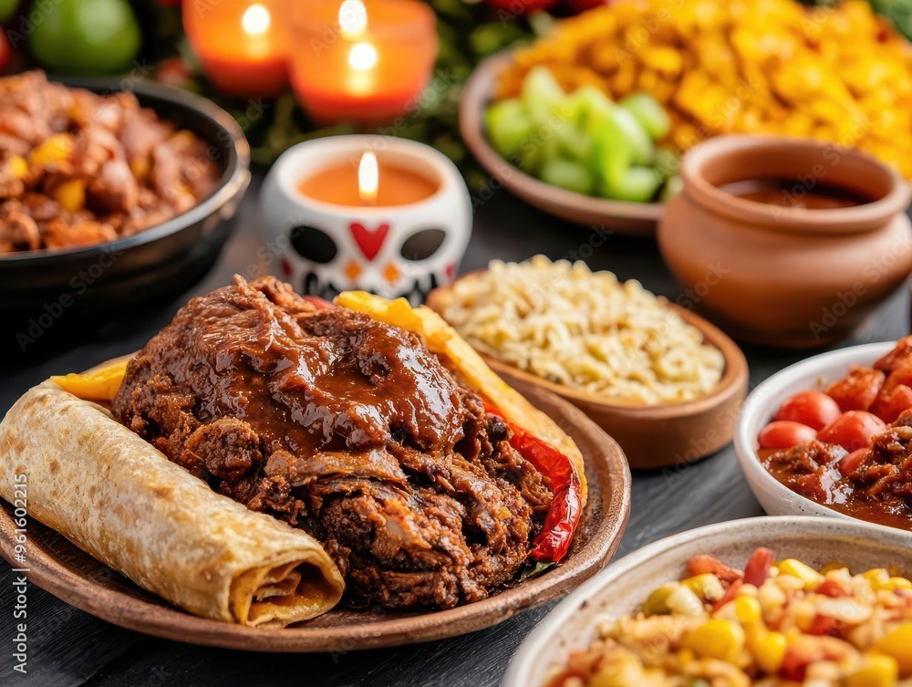Family setting up an ofrenda with traditional Day of the Dead foods ...