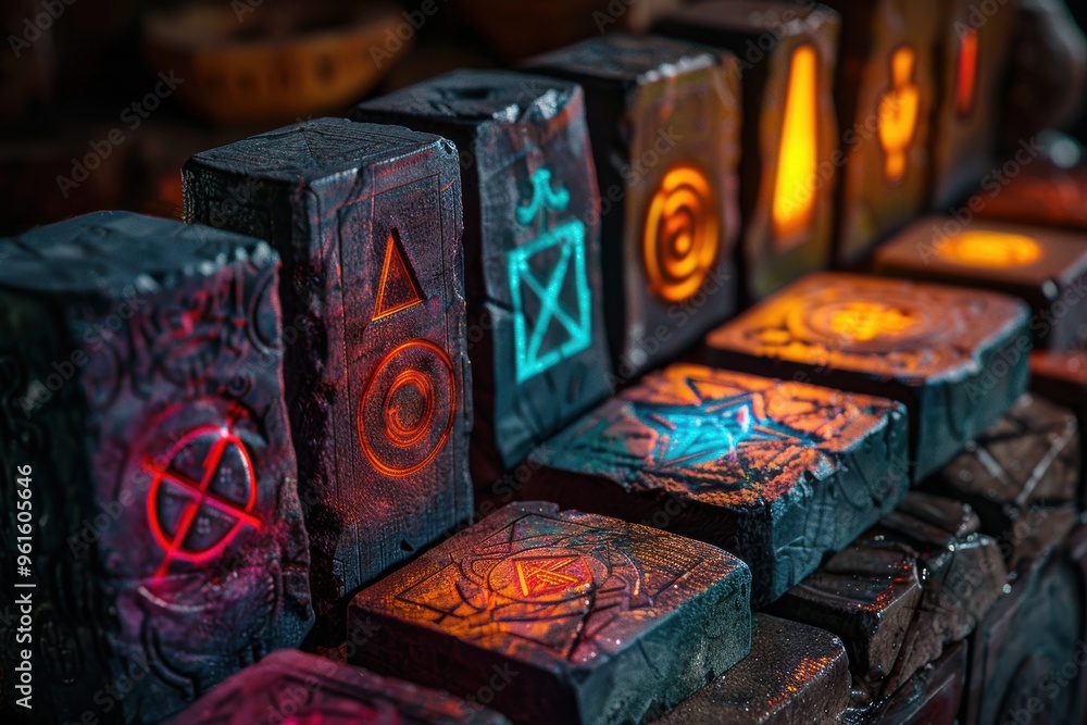 Engraved stones adorned with glowing symbols and sigils in a mystical ...