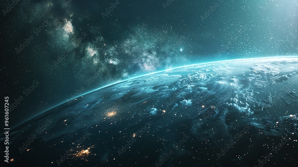 earth surface at night in outer deep space, glowing cities lights ...