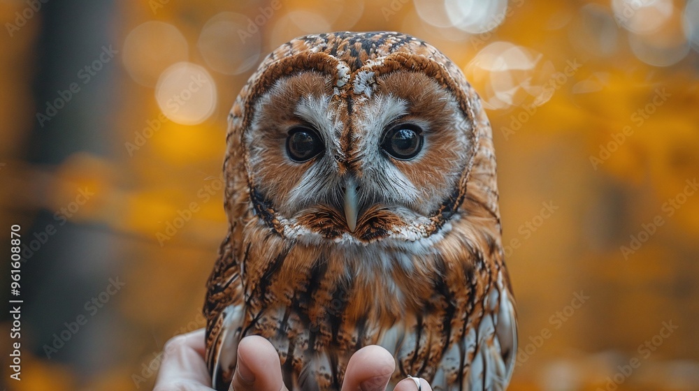 tawny owl closeup with sharp beak and deep eyes, wildlife predator bird ...
