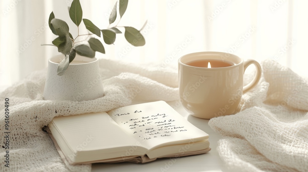a calm desk setup with a journal, a cup of herbal tea, and a candle ...