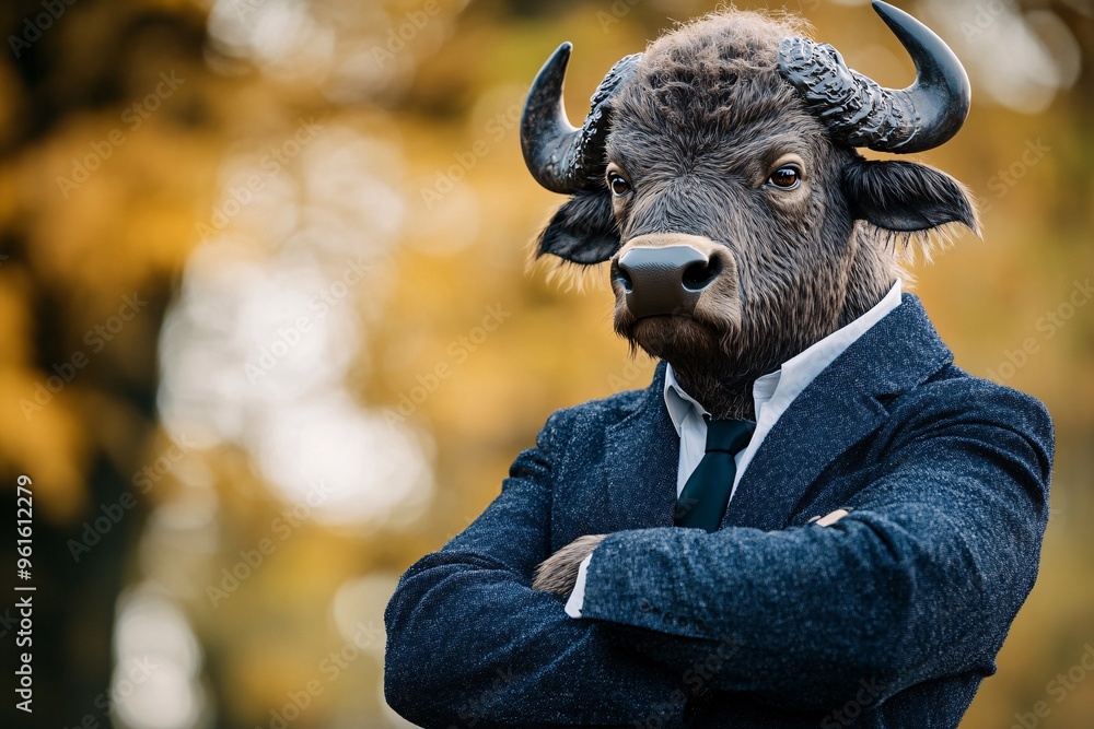 A bull-headed man dressed in a suit stands confidently with arms ...
