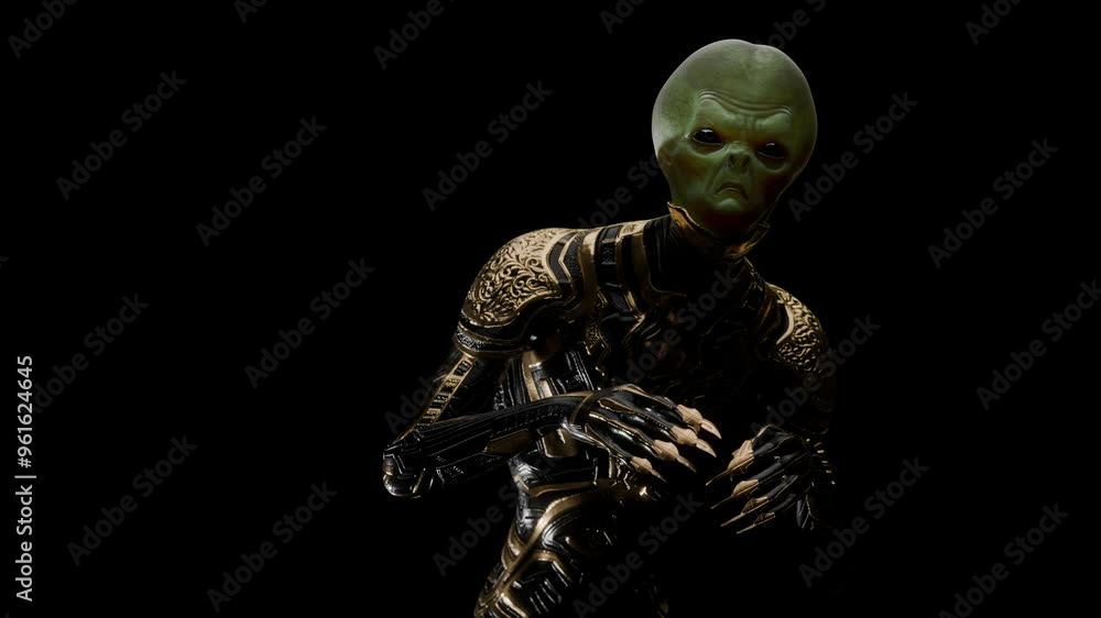 Creepy Peeking Green Alien with humanoid body wearing black and gold ...