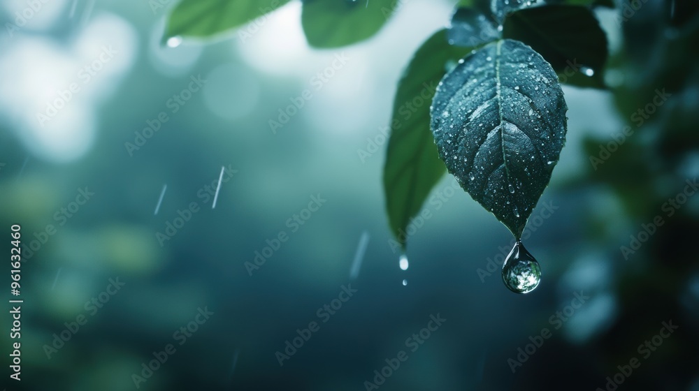 Water drop falling from a leaf after a rain shower caught mid-air with ...