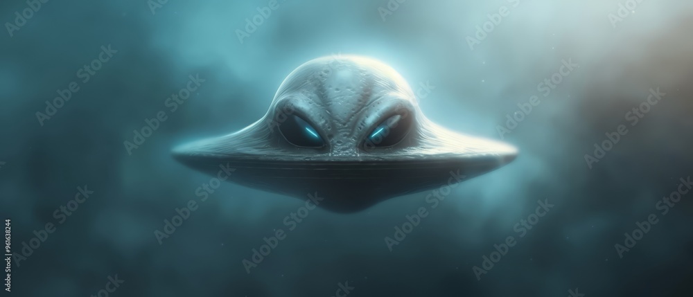 An alien-like entity floats in a misty, blue sky, its large, expressive ...