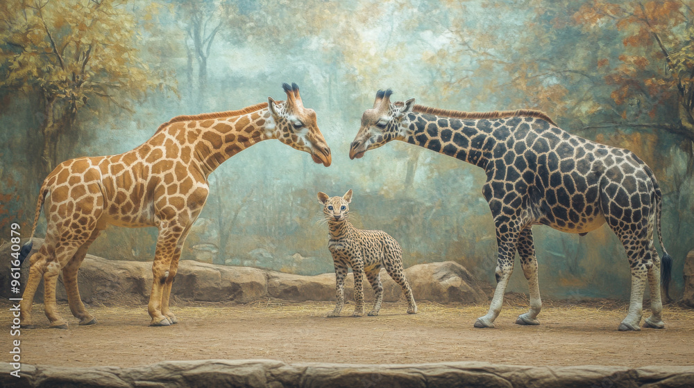 Zoo animals playing together in their enclosure with a soft pastel ...